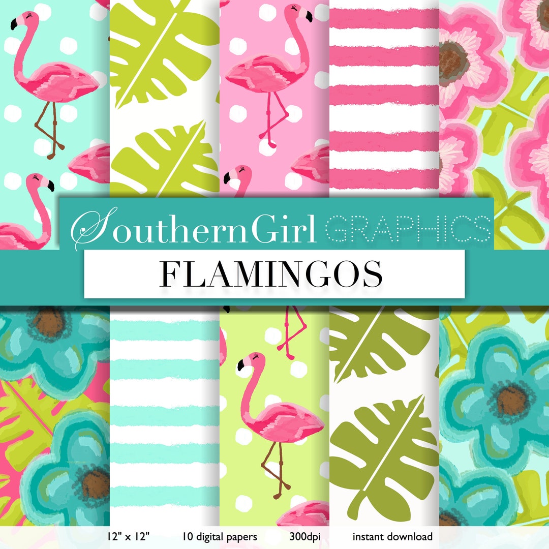Flamingo Digital Paper: flamingos With Tropical Watercolor Pink, Aqua ...