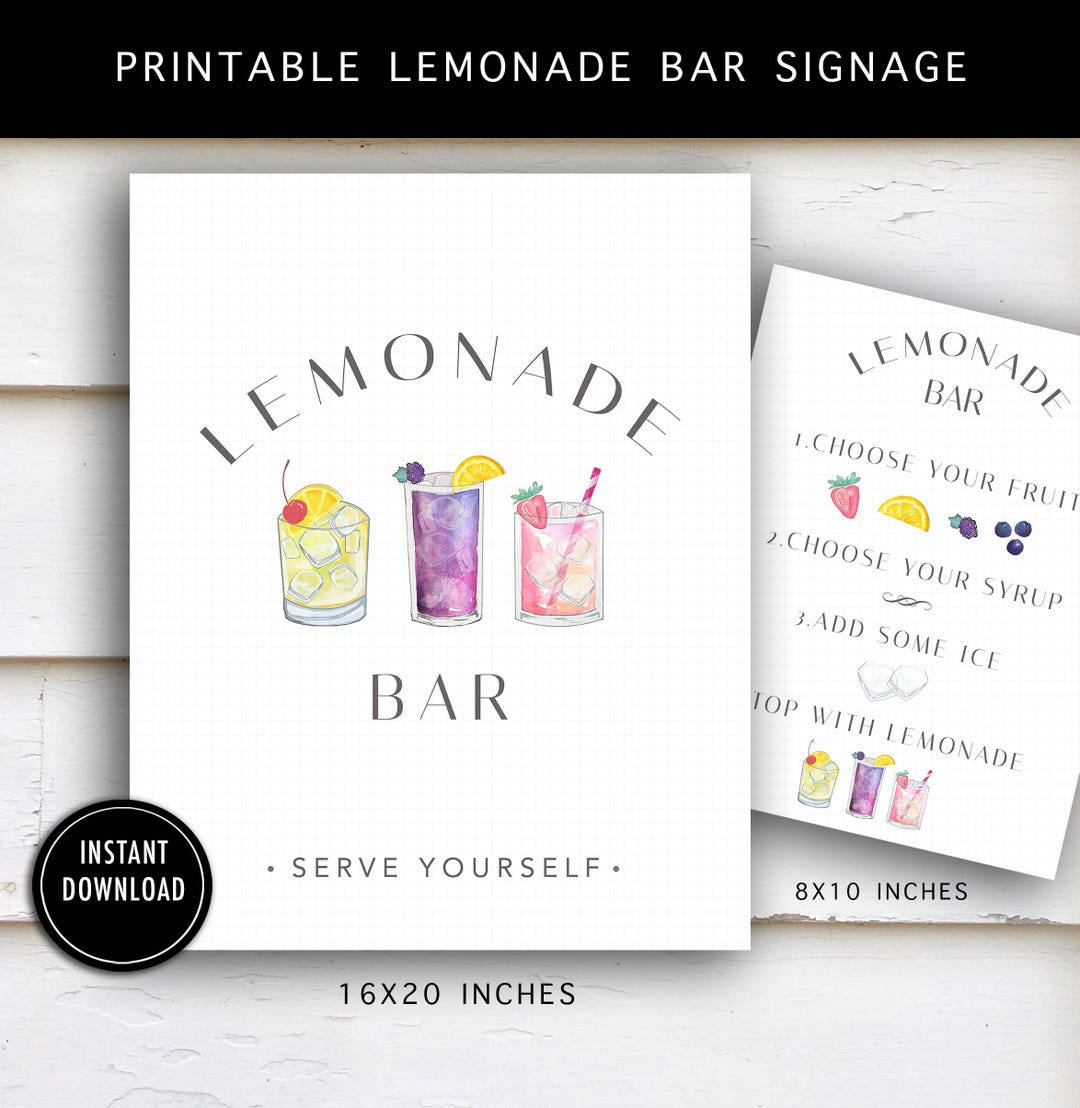 Watercolor Lemonade Bar Sign Printable: Lemonade Birthday Party Decor ...