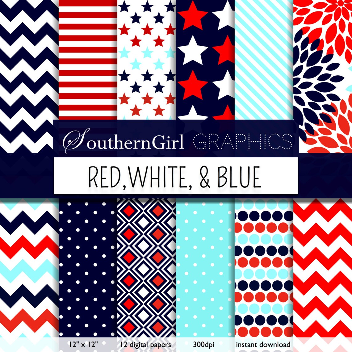 Red White and Blue Digital Paper: patriotic Fourth of July | Etsy