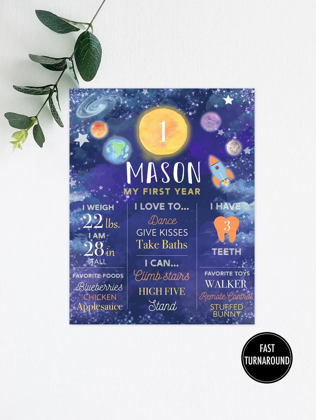 Space Milestone Chart Printable: Boy, Blue, Outer Space Birthday, First ...