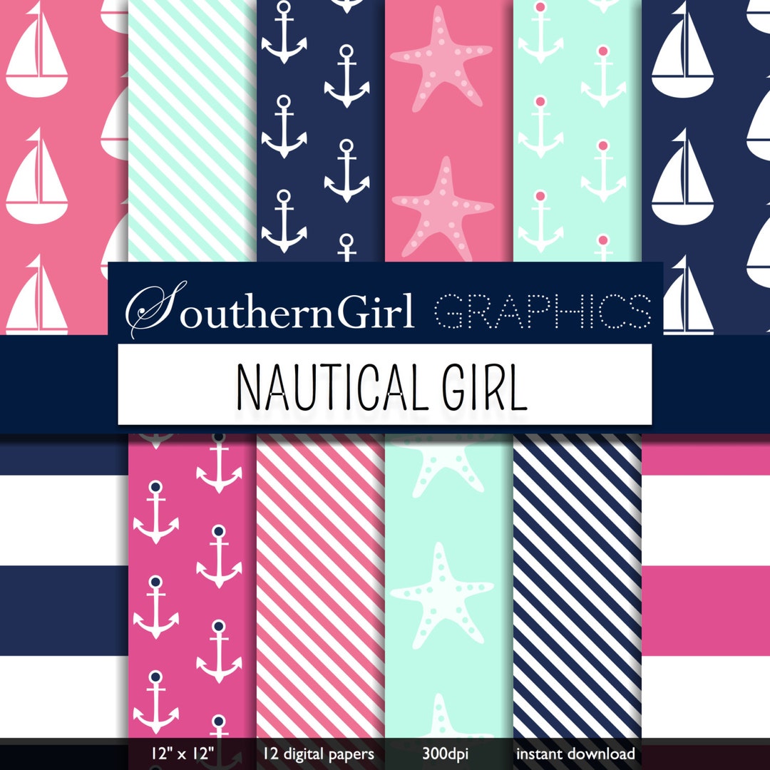 Nautical Girl Digital Paper - "nautical Girl" Nautical, Anchor ...