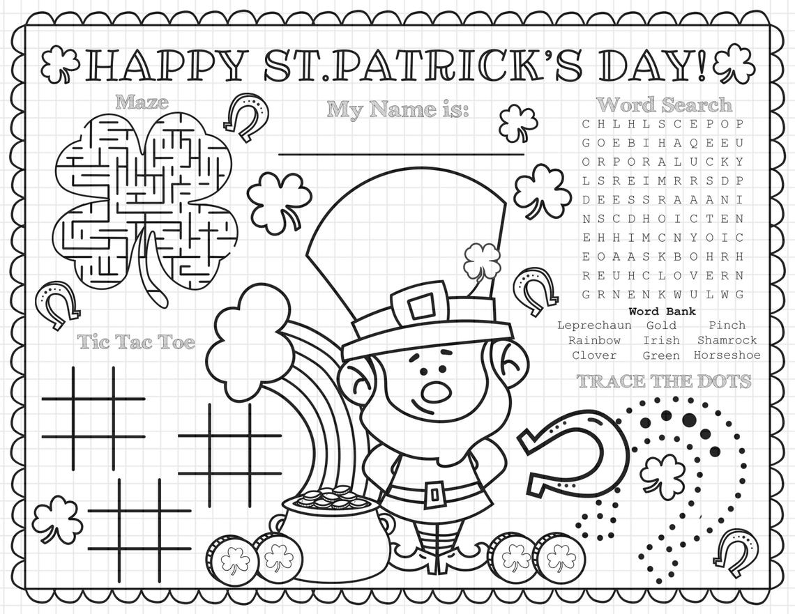 St. Patrick's Day Kids Activity Placemat – Coloring, Maze, Word Search ...