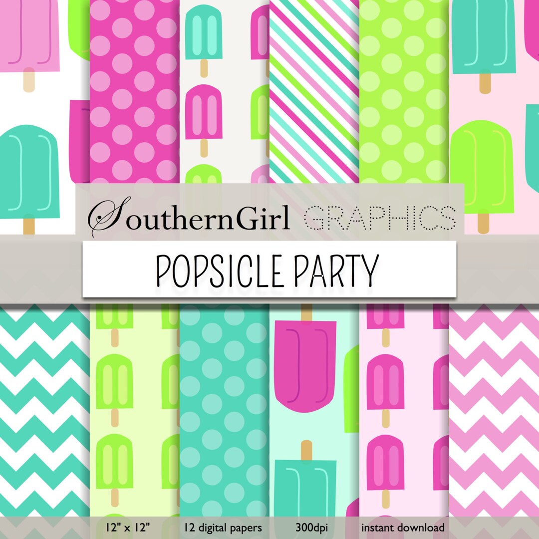 Popsicle Digital Paper - "popsicle Party" Pink Aqua Digital Paper ...