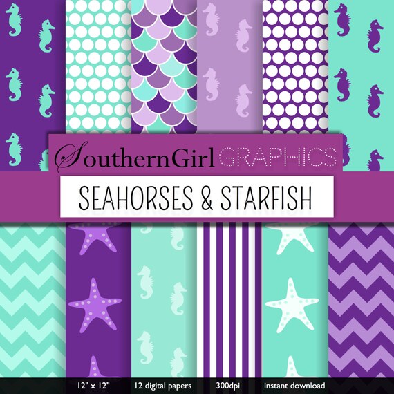 Seahorse Digital Paper seahorses and Starfish - Etsy