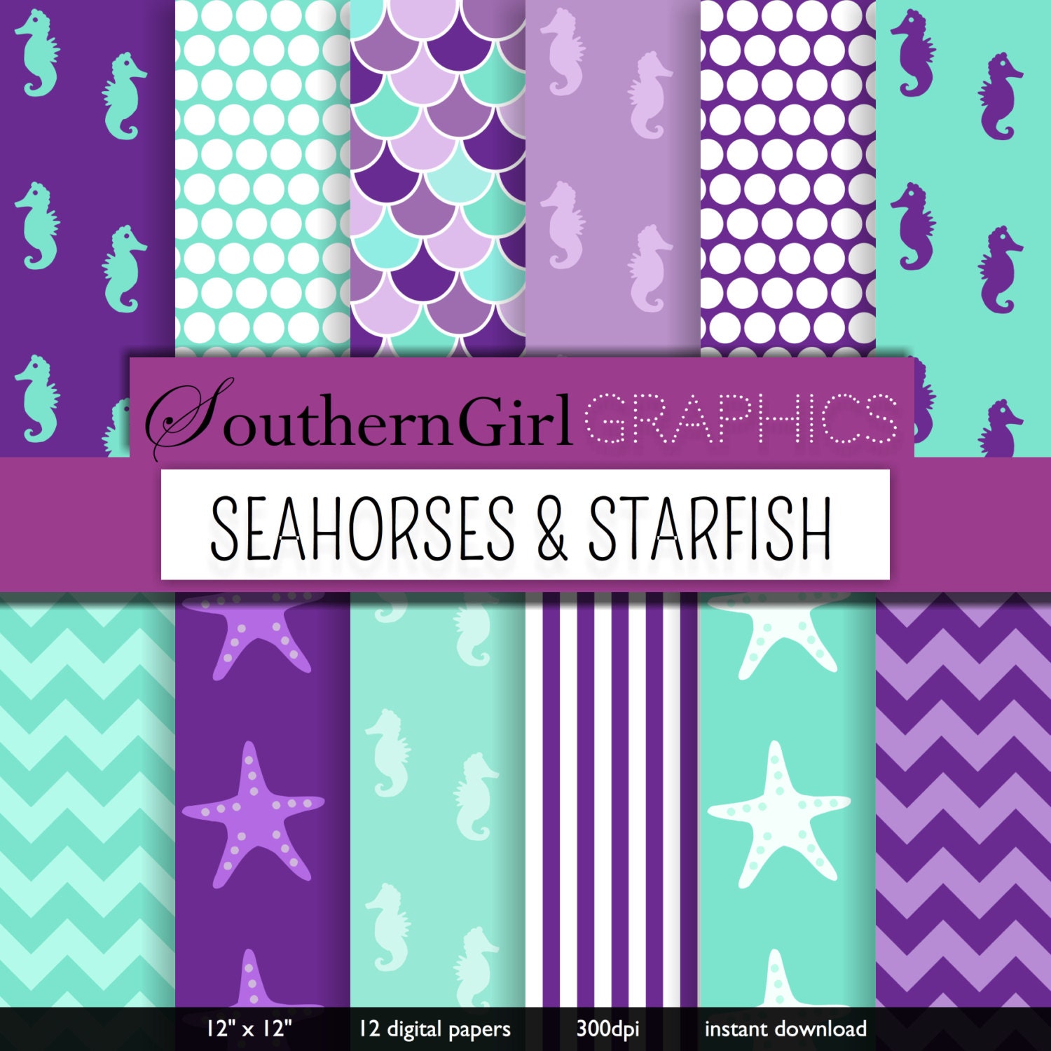 Seahorse Starfish Digital Paper Pack – Aqua & Purple (12 Count ...