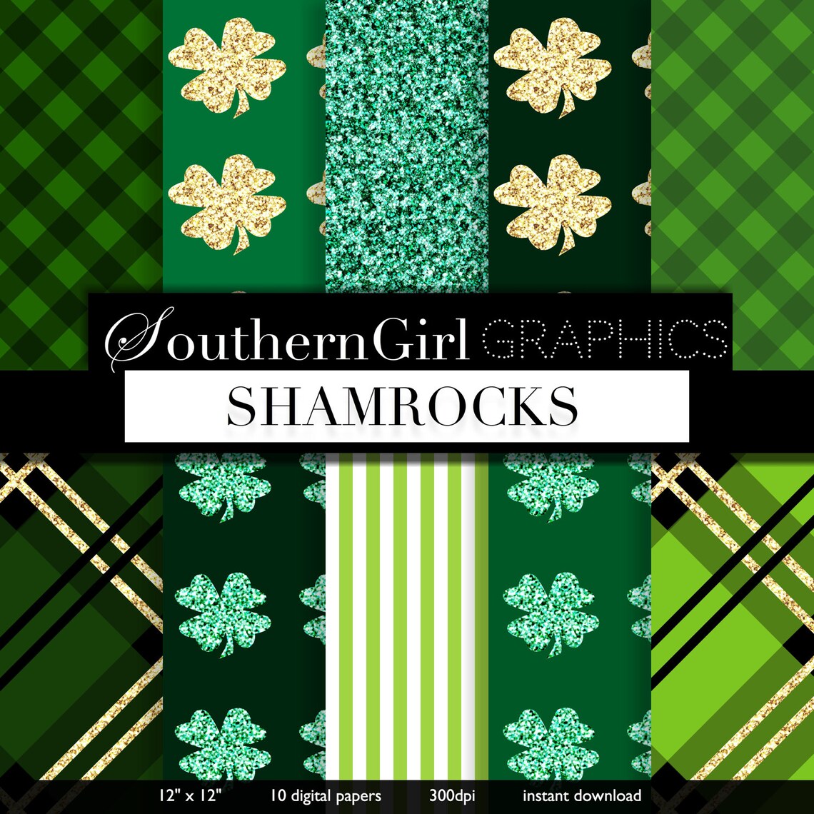 Shamrock Digital Paper: "shamrocks" St Patrick's Day, Green, Gold ...