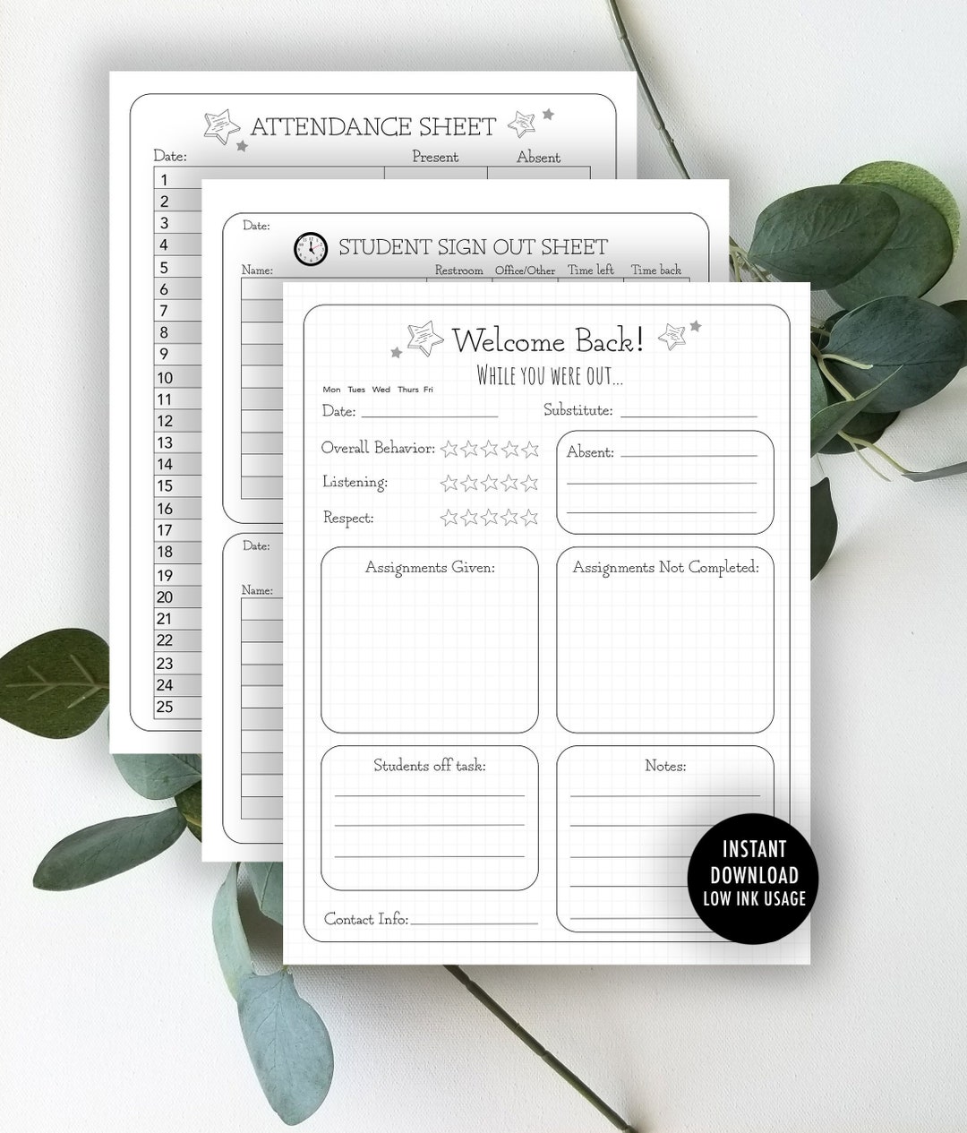 Substitute Teacher Notes Printables - Sub Notes, Attendance Log ...