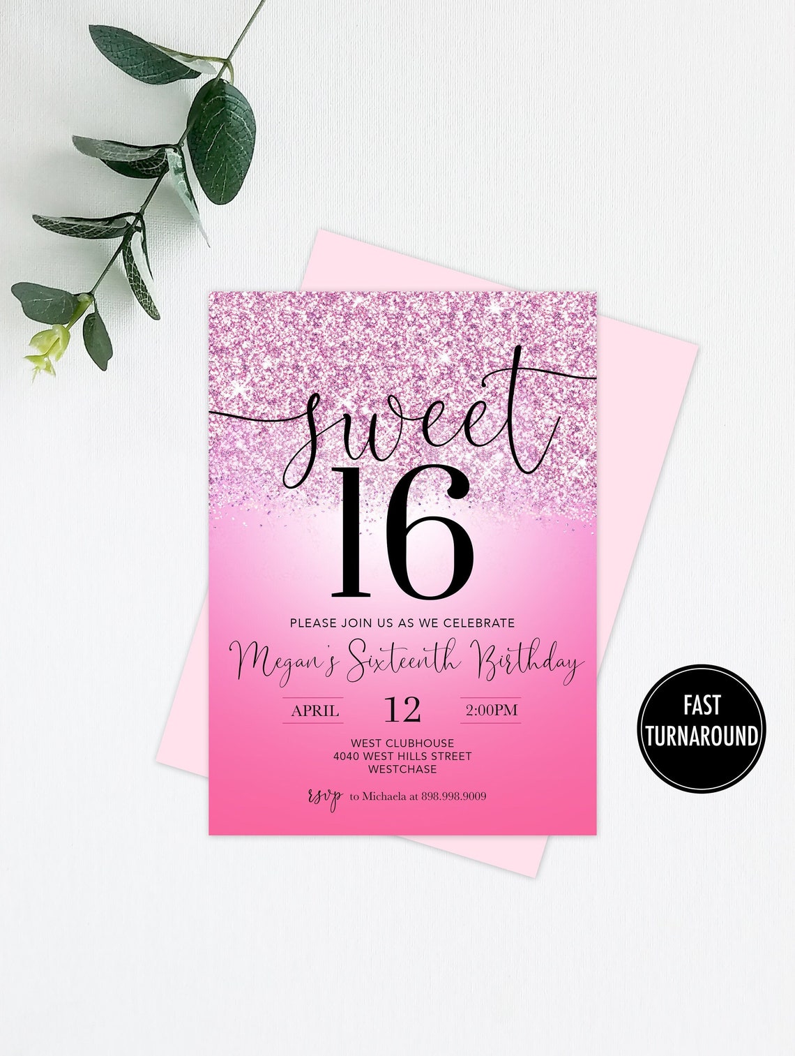 Sweet 16 Birthday Invitation Printable: "sweet 16 Glitter" Pink Glitter ...