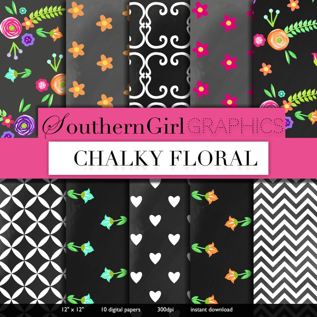 Chalkboard Floral Digital Paper: chalky Floral With Bright Pink, Aqua ...