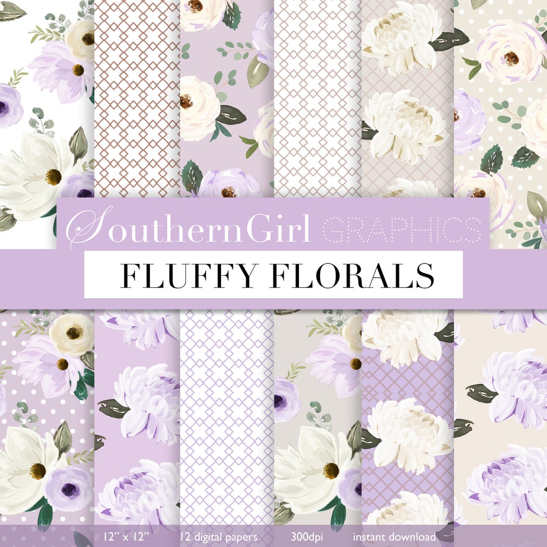 Purple Floral Digital Paper: "fluffy Florals" Lavender, Spring, Wedding ...