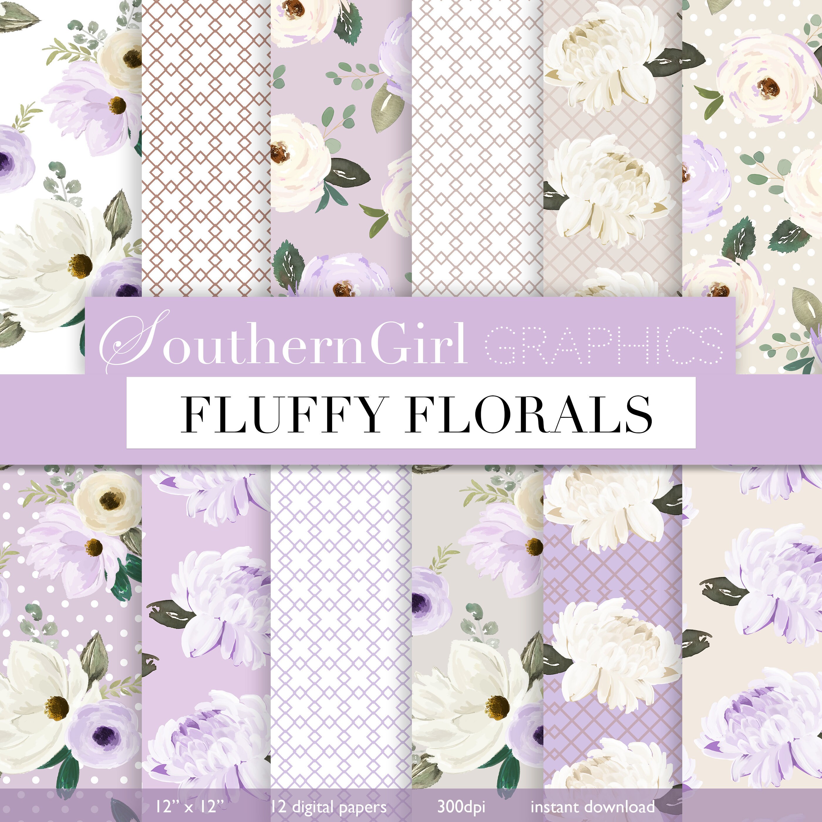 Purple Floral Digital Paper: fluffy Florals - Etsy