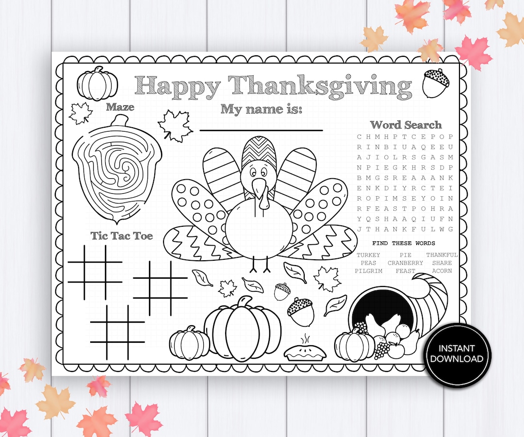 Kids Thanksgiving Placemat - "coloring Placemat" Kids Thanksgiving ...