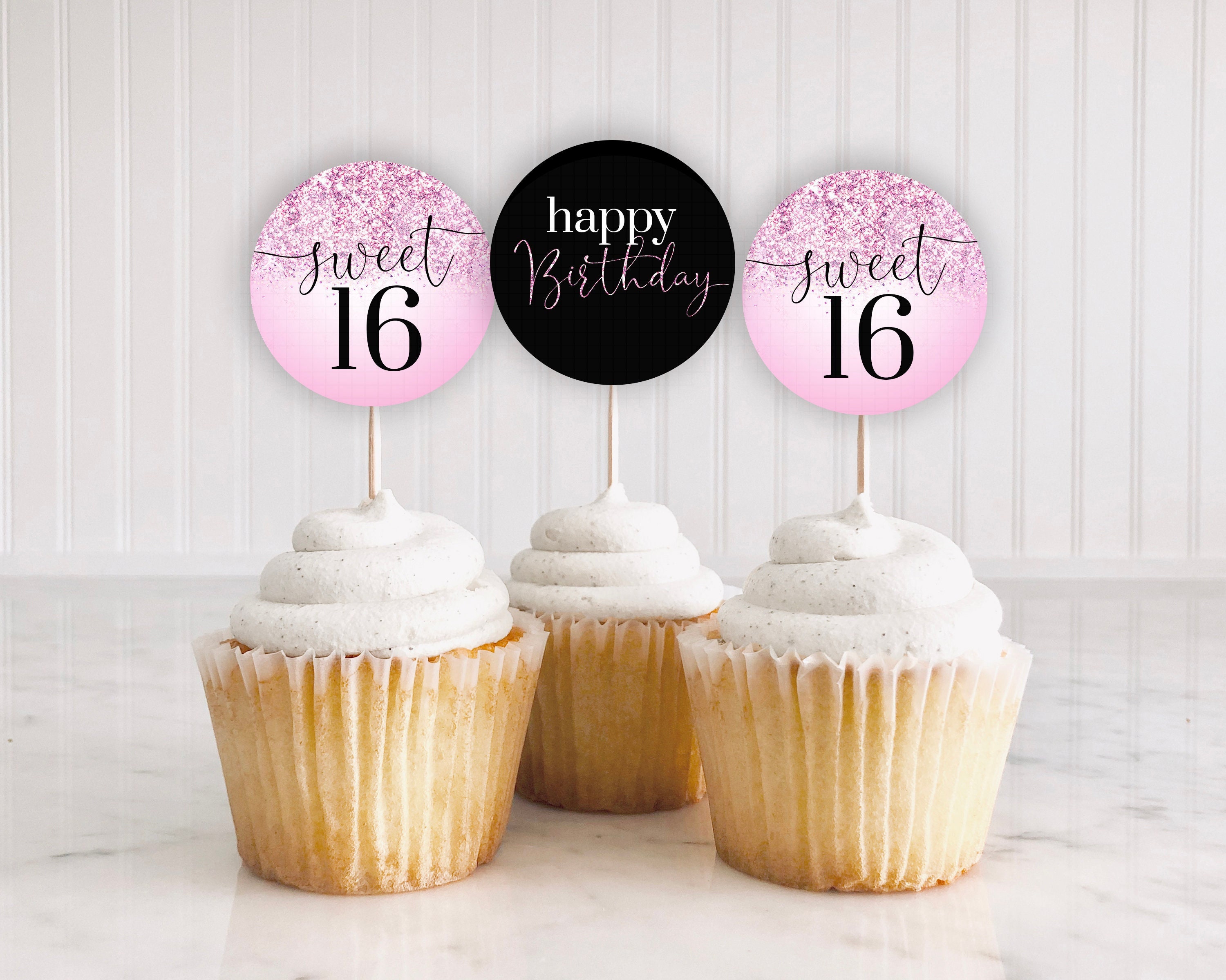 Pink Sweet 16 Cupcake Toppers Printable: 16 BIRTHDAY - Etsy