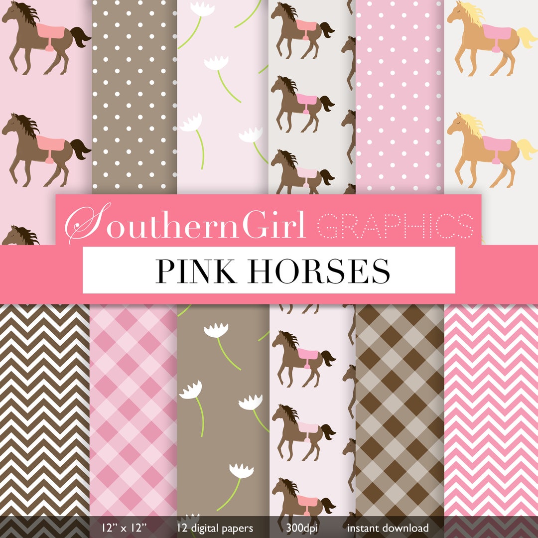 Pink Horse Digital Paper: "pink Horses" With Pink, Brown, Taupe Horses ...