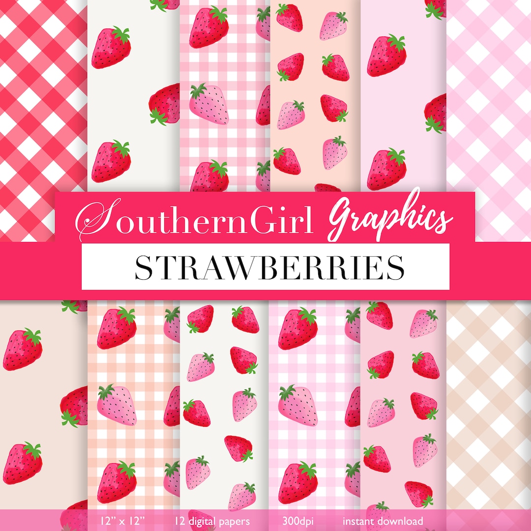 Strawberry Digital Paper: "strawberries" Pink, Red, Gingham, Plaid ...