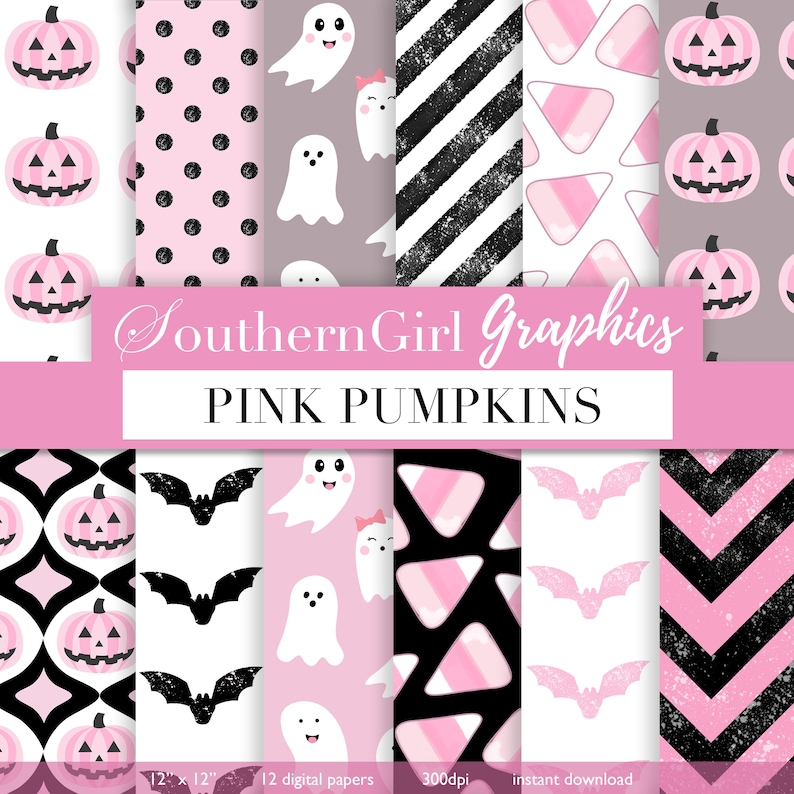 Pink Halloween Digital Paper Pack – Pumpkins, Bats, Ghosts (digital ...