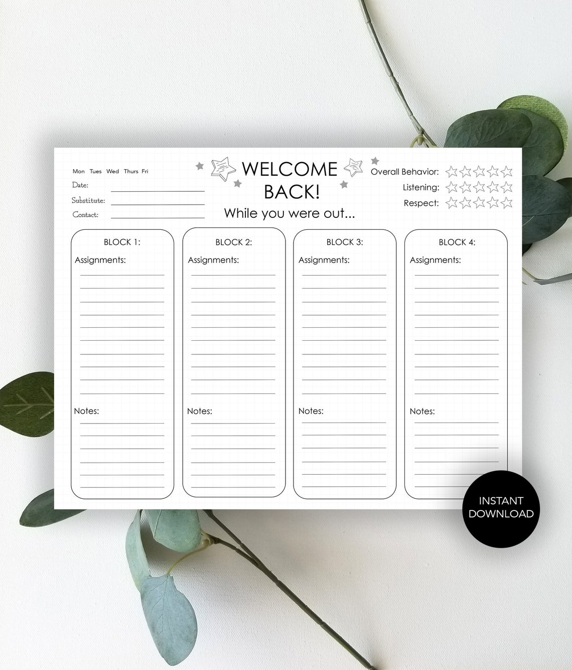 Sub Notes Block Schedule Sub Daily Log Attendance Log - Etsy