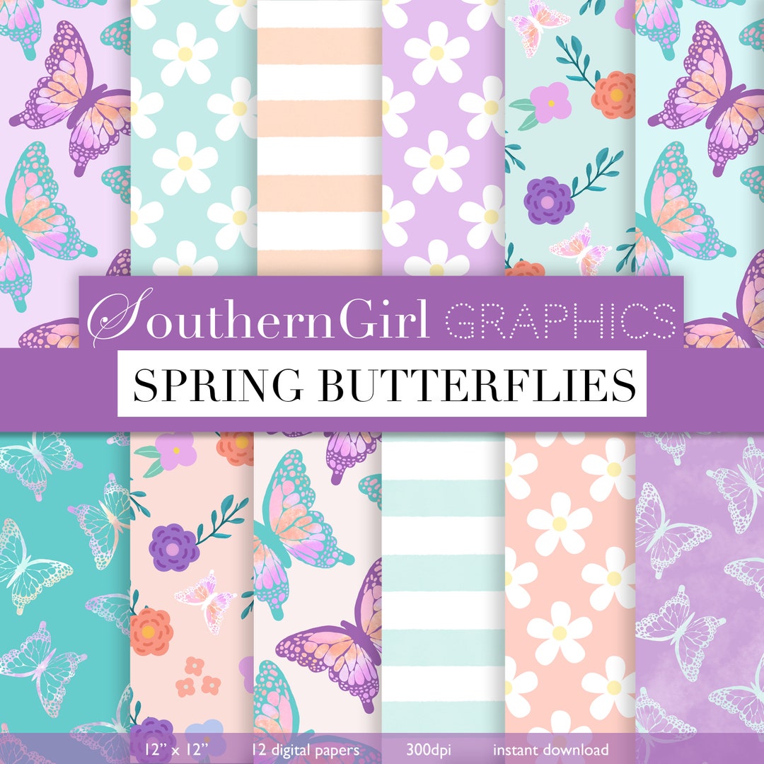 Butterfly Digital Paper: "spring Butterflies" Purple Butterfly Digital ...
