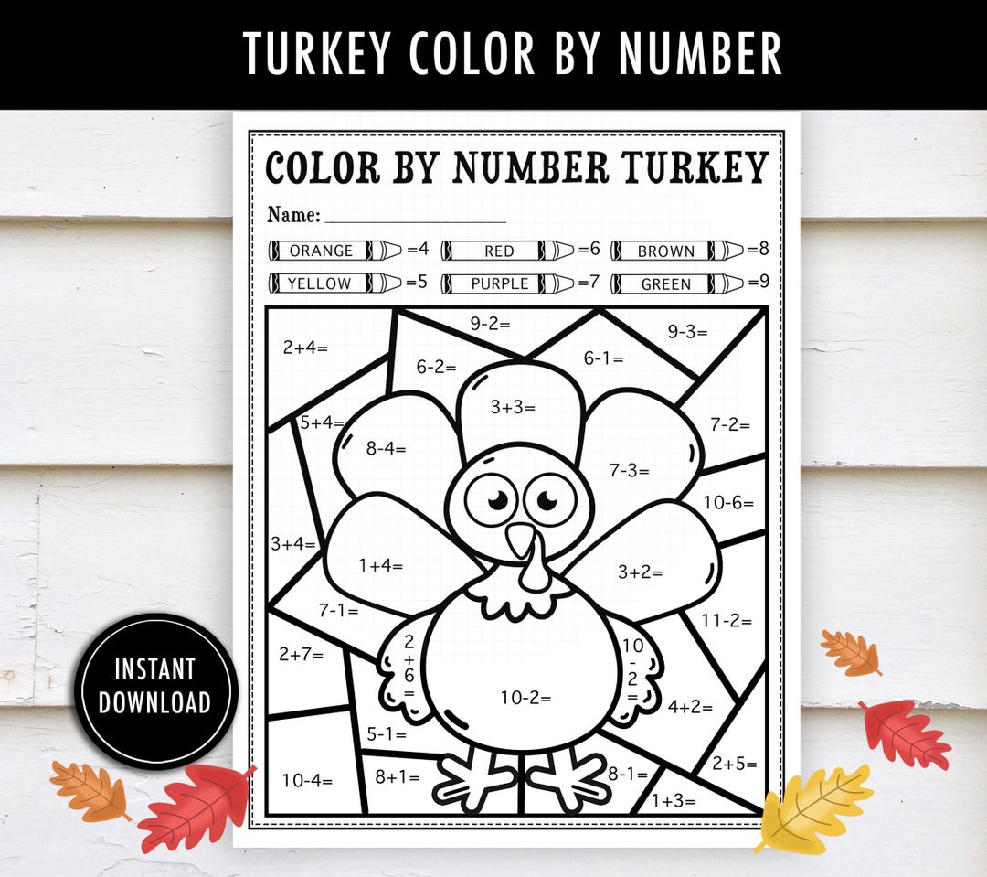 Turkey Color by Number Printable, Thanksgiving Coloring Page, Fall ...