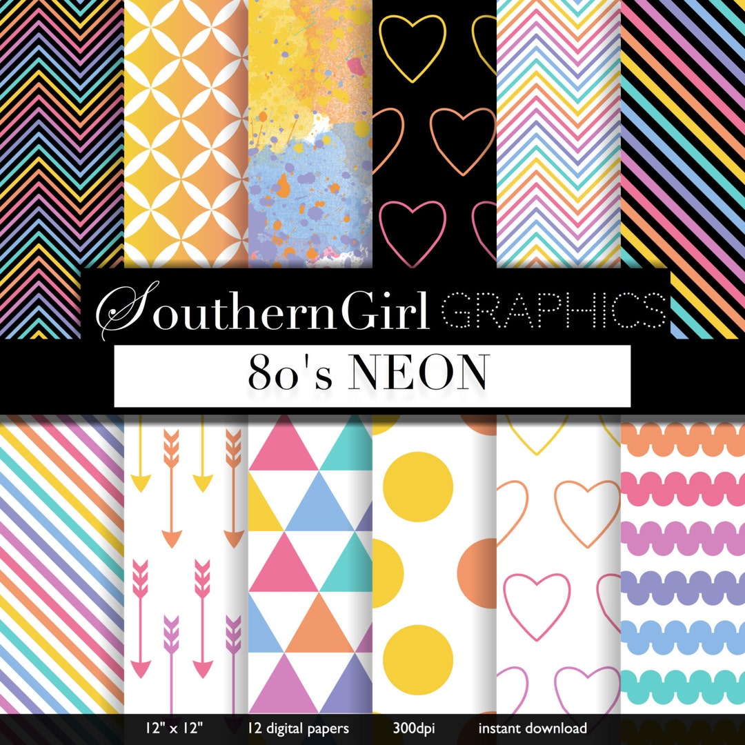 80s Neon Digital Paper - "80s Neon" Bright Neon, Pink, Orange, Yellow ...