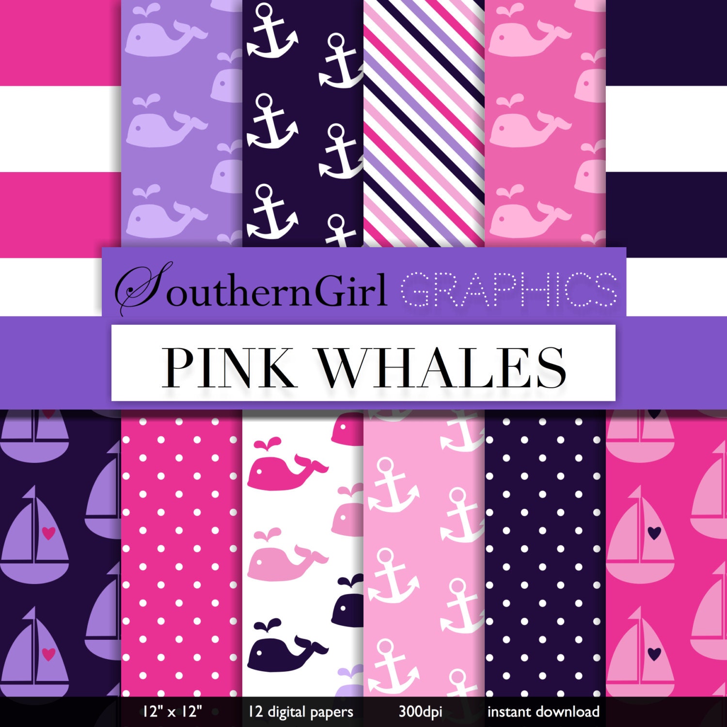 Pink Whale Digital Paper Pack: Nautical Patterns (digital Download) - Etsy