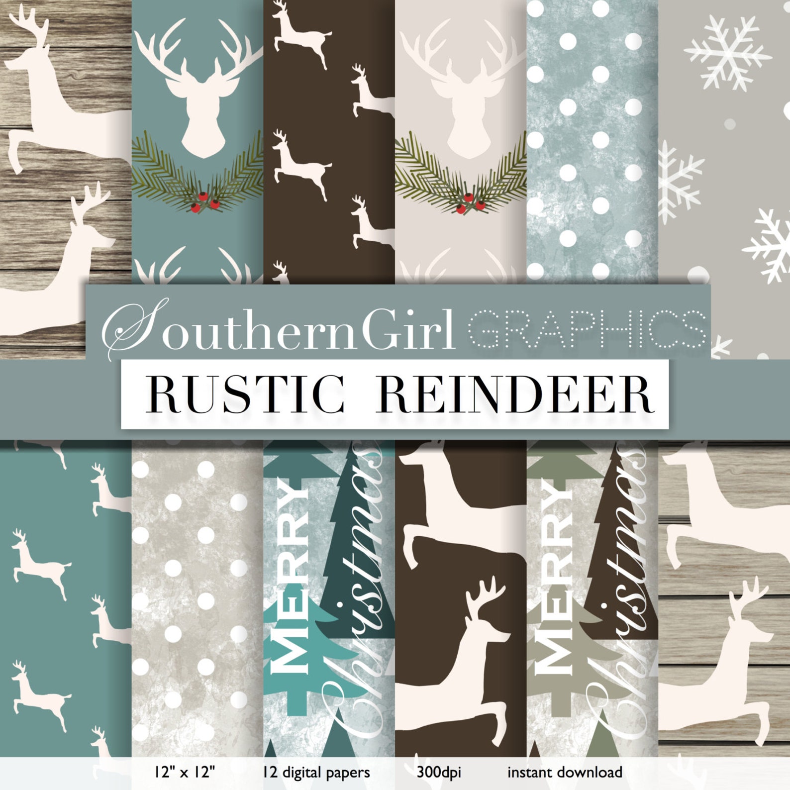 Reindeer Digital Paper rustic Reindeer With - Etsy