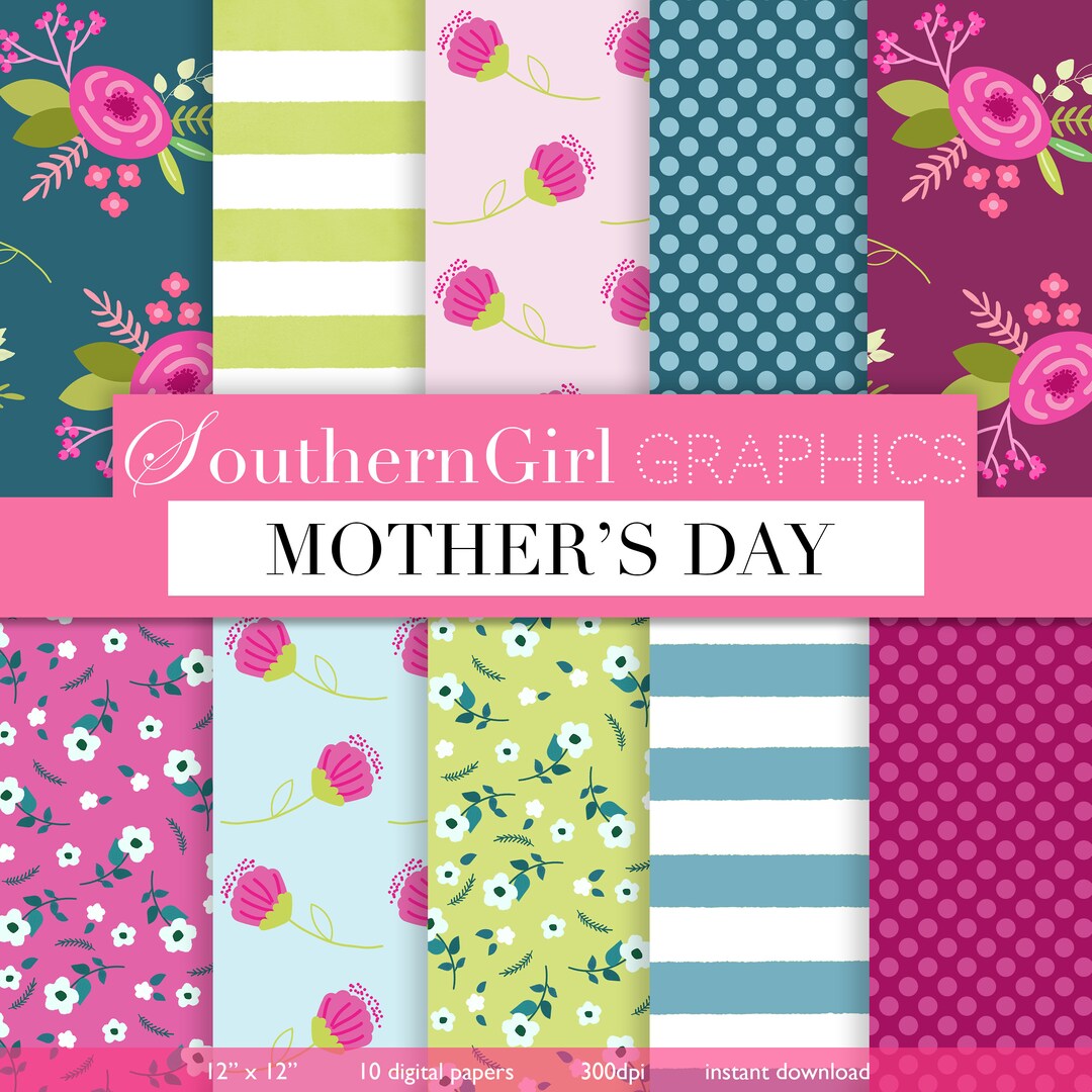 Pink and Blue Flower Digital Paper: "mother's DAY Flowers" Spring ...
