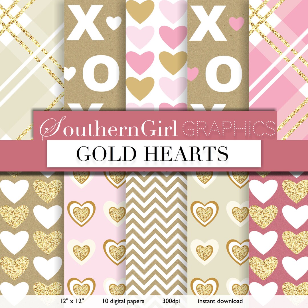 Gold Heart Digital Paper: "gold Hearts" Valentines Day, Kraft, Heart ...