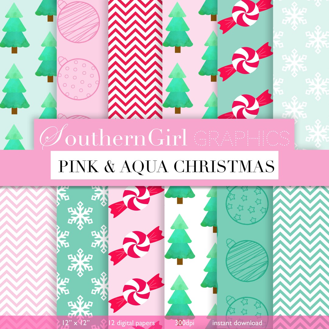 Pink Christmas Digital Paper - "pink Christmas" With Aqua, Christmas ...