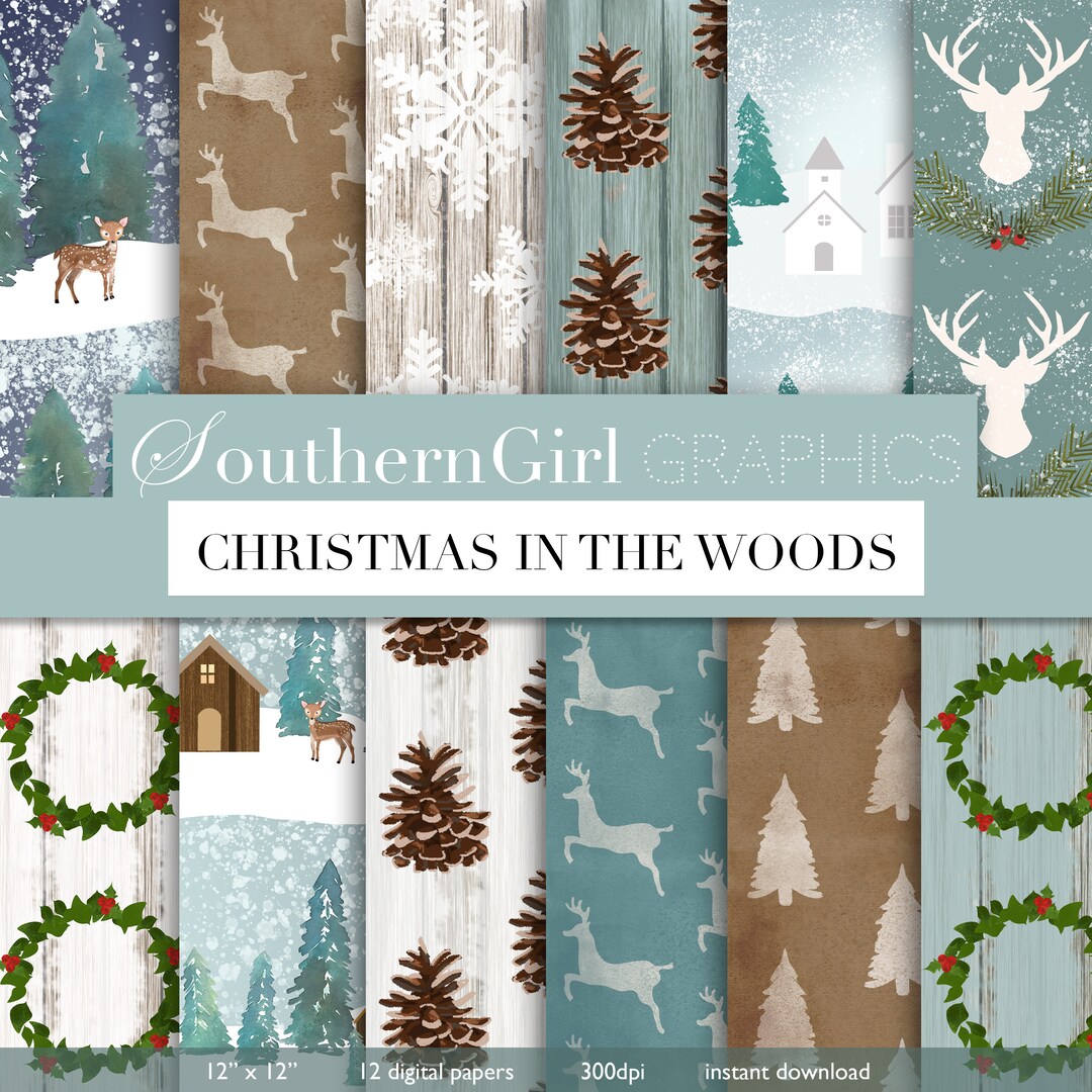 Christmas Woods Digital Paper - "christmas Woods" With Deer, Cabin ...