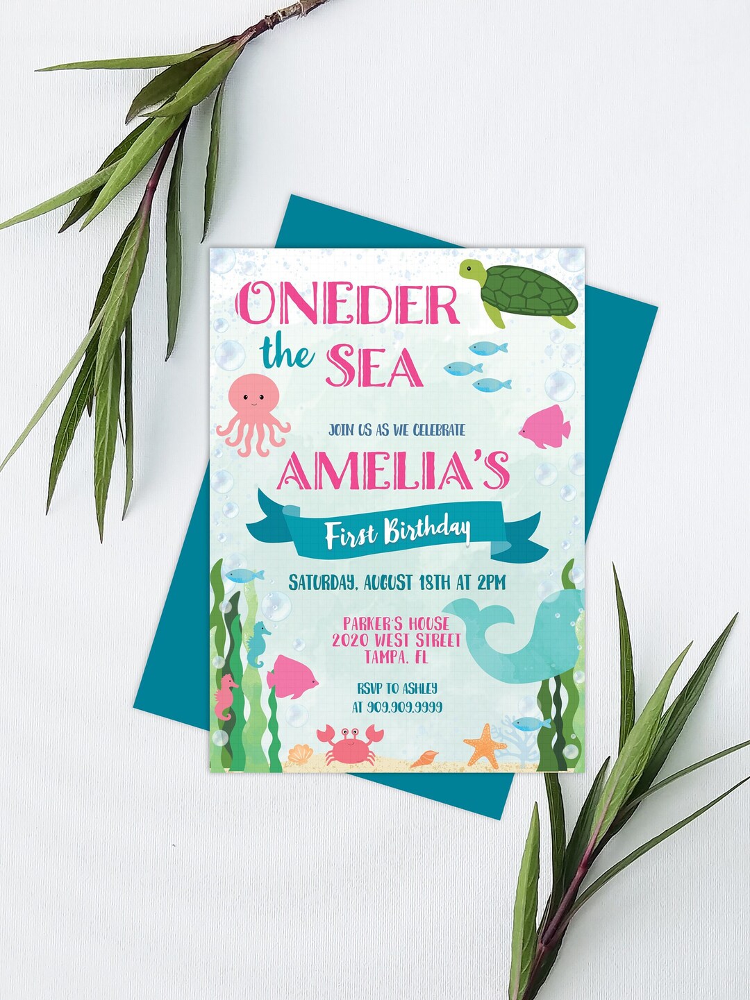 Mermaid First Birthday Invitation: Under the Sea, Pink Fish (digital ...