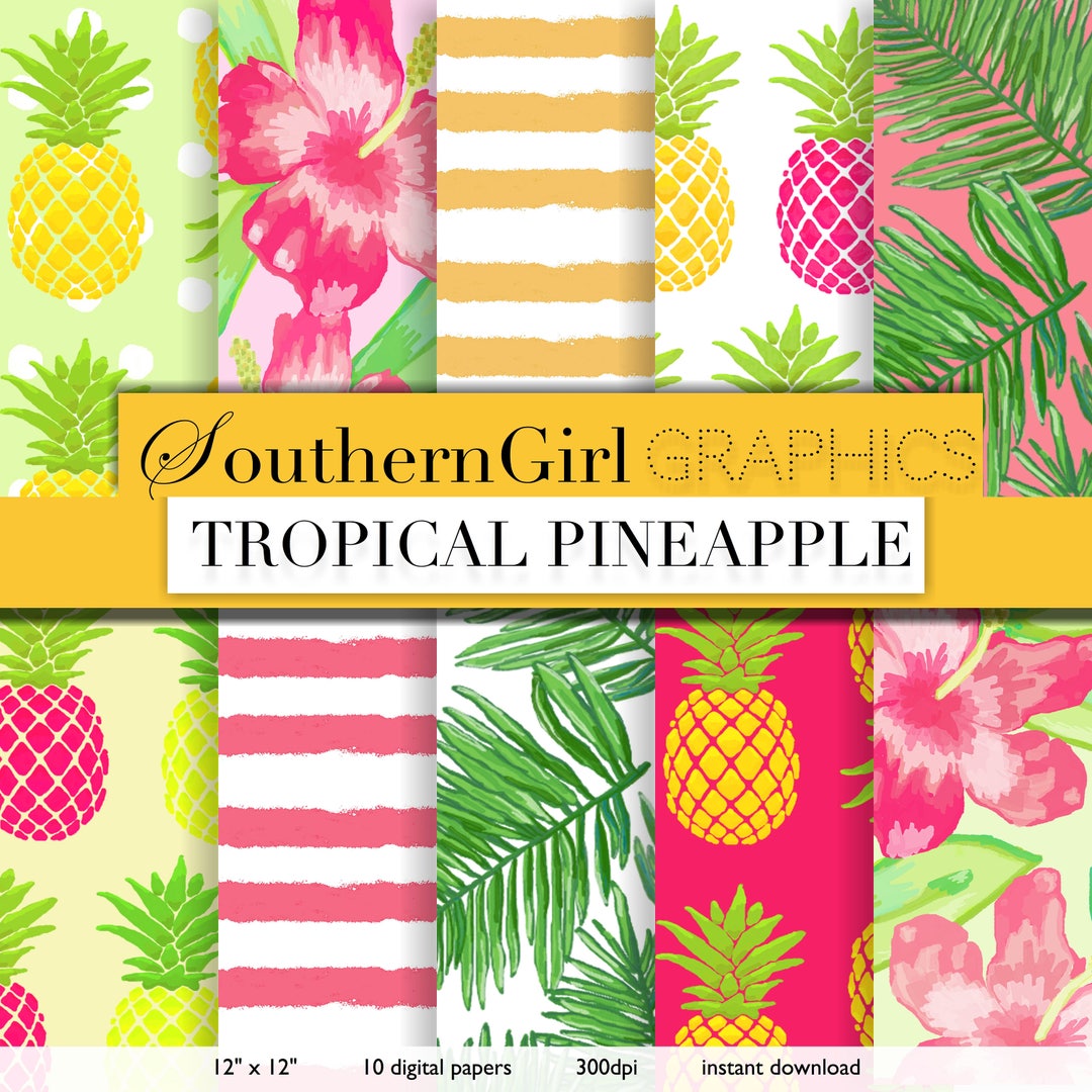 Pineapple Digital Paper: "tropical Pineapple" With Pink, Orange, Palm ...