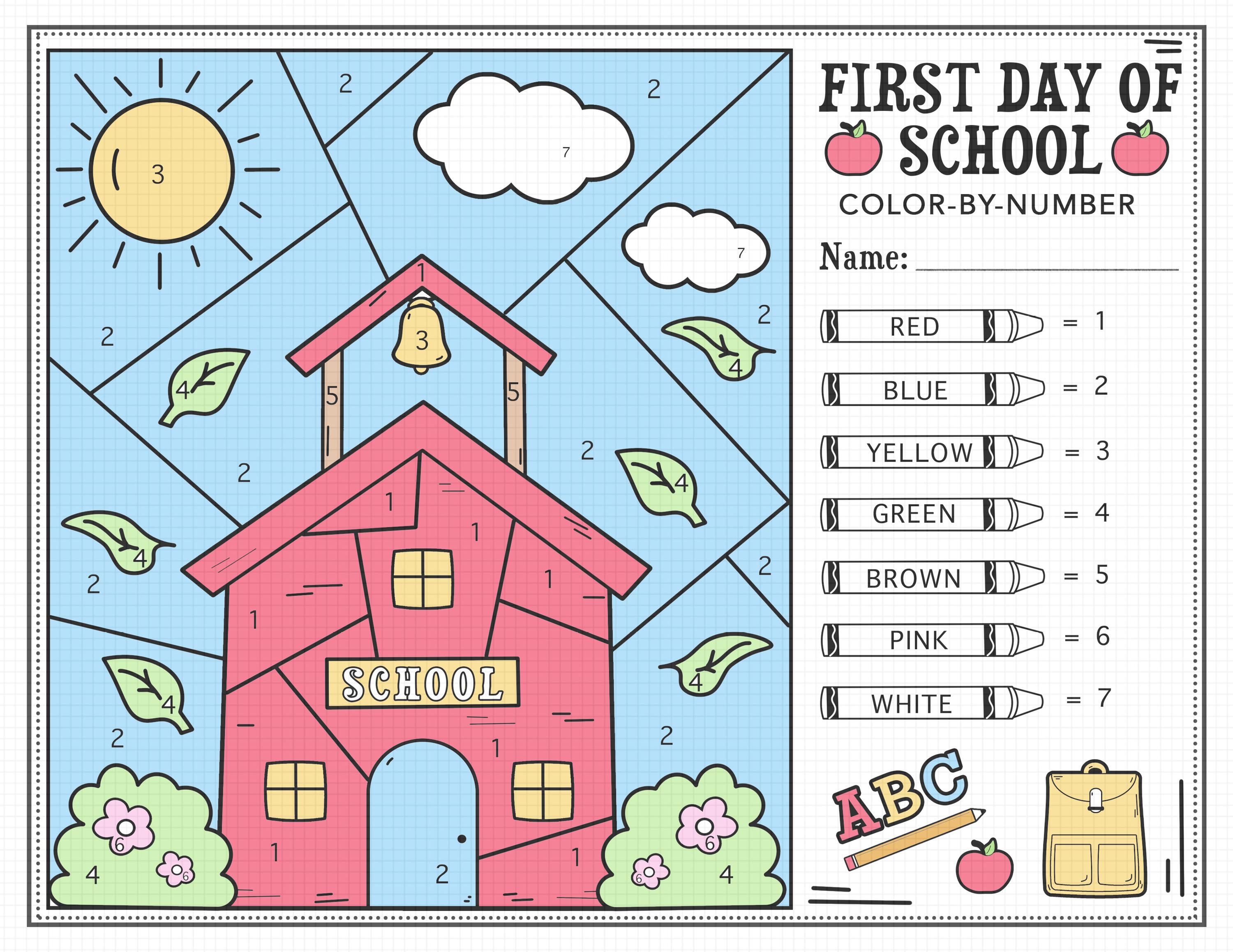 First Day of School Color by Number Worksheet (PDF Printable Activity ...