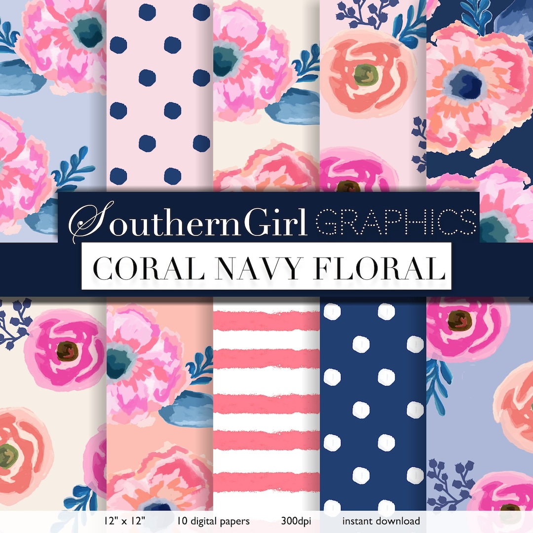 Coral Navy Floral Digital Paper: "coral NAVY Floral" With Peach, Pink ...