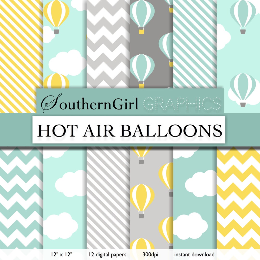 Hot Air Balloon Digital Papers - "yellow & GRAY HOT Air Balloons" With ...