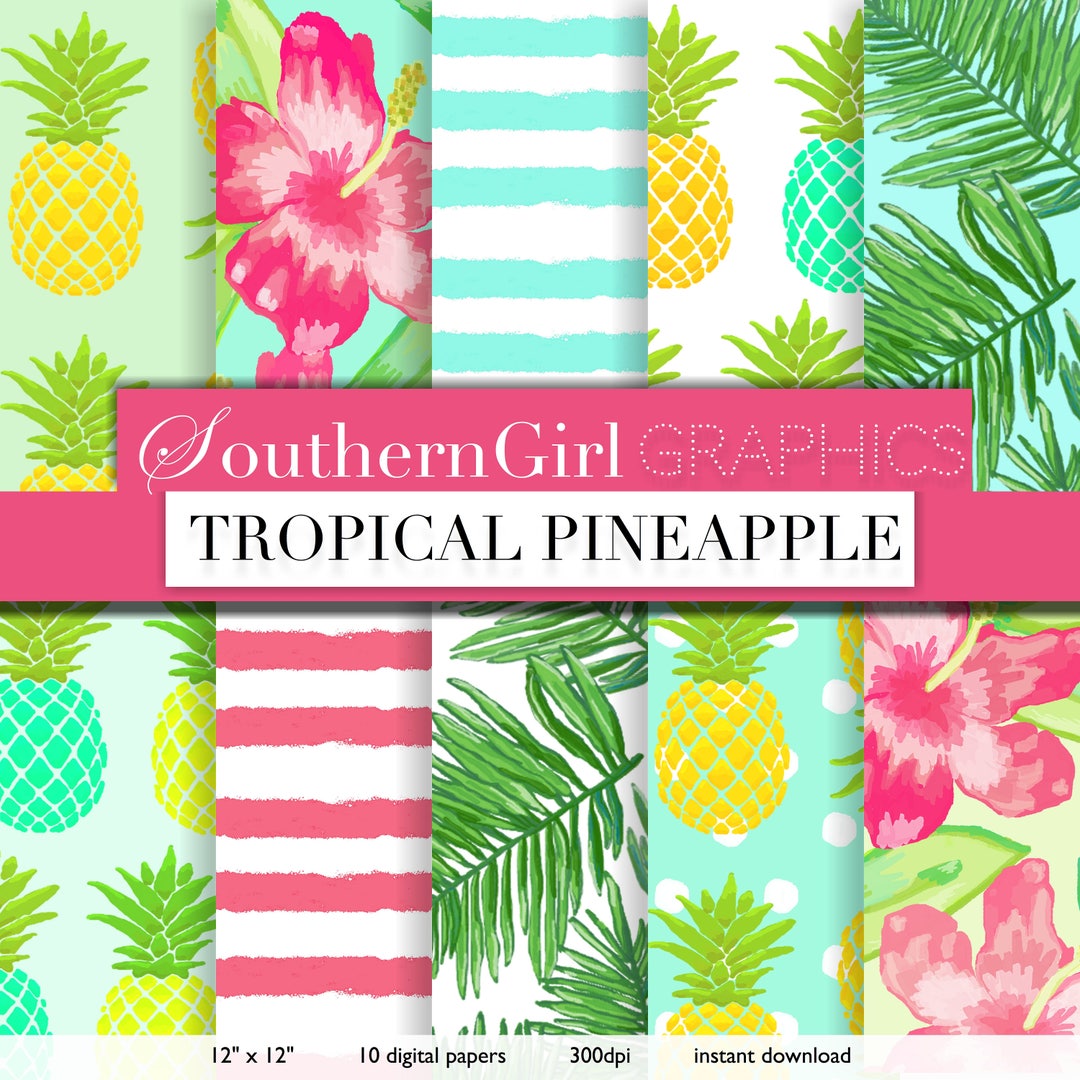 Pineapple Aqua Digital Paper: "pineapple" With Pink, Aqua, Floral ...