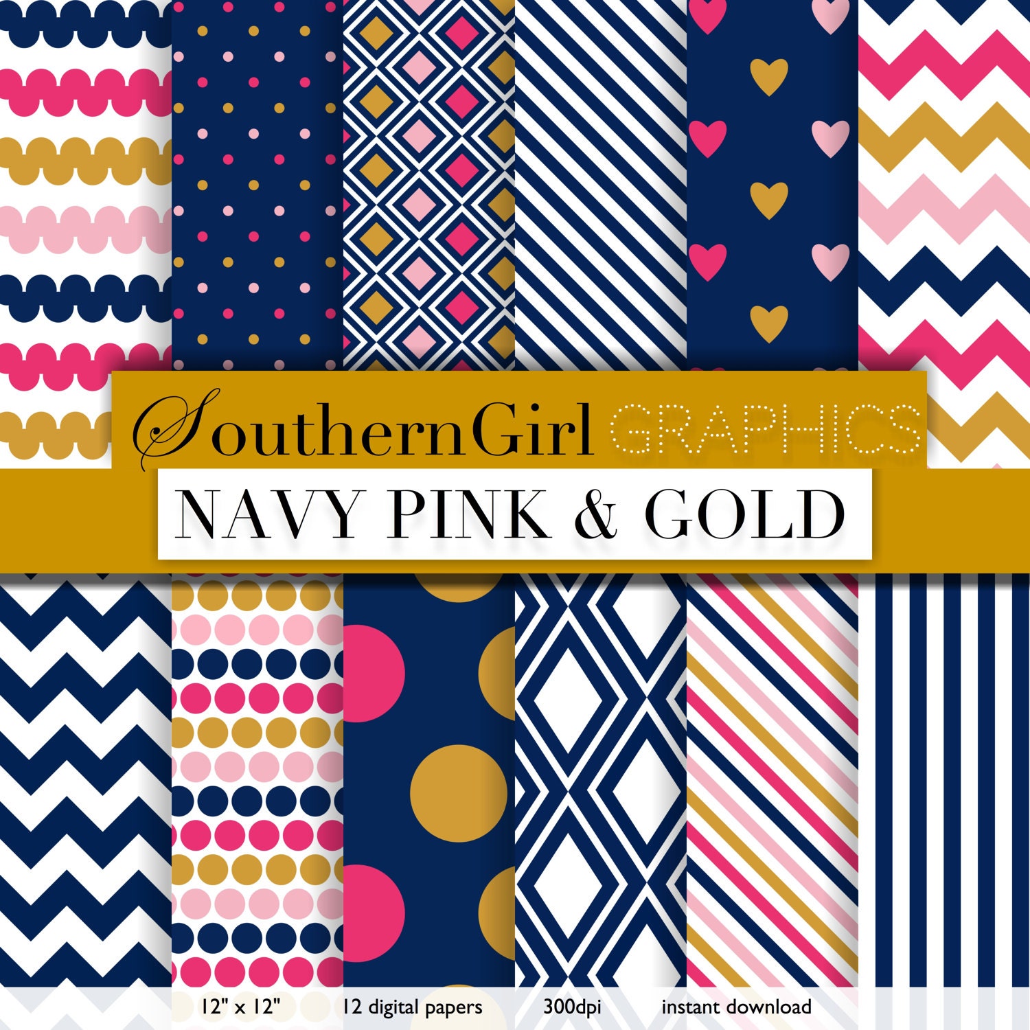 Navy, Pink, and Gold Geometric Digital Paper Pack (12 Count) - Etsy