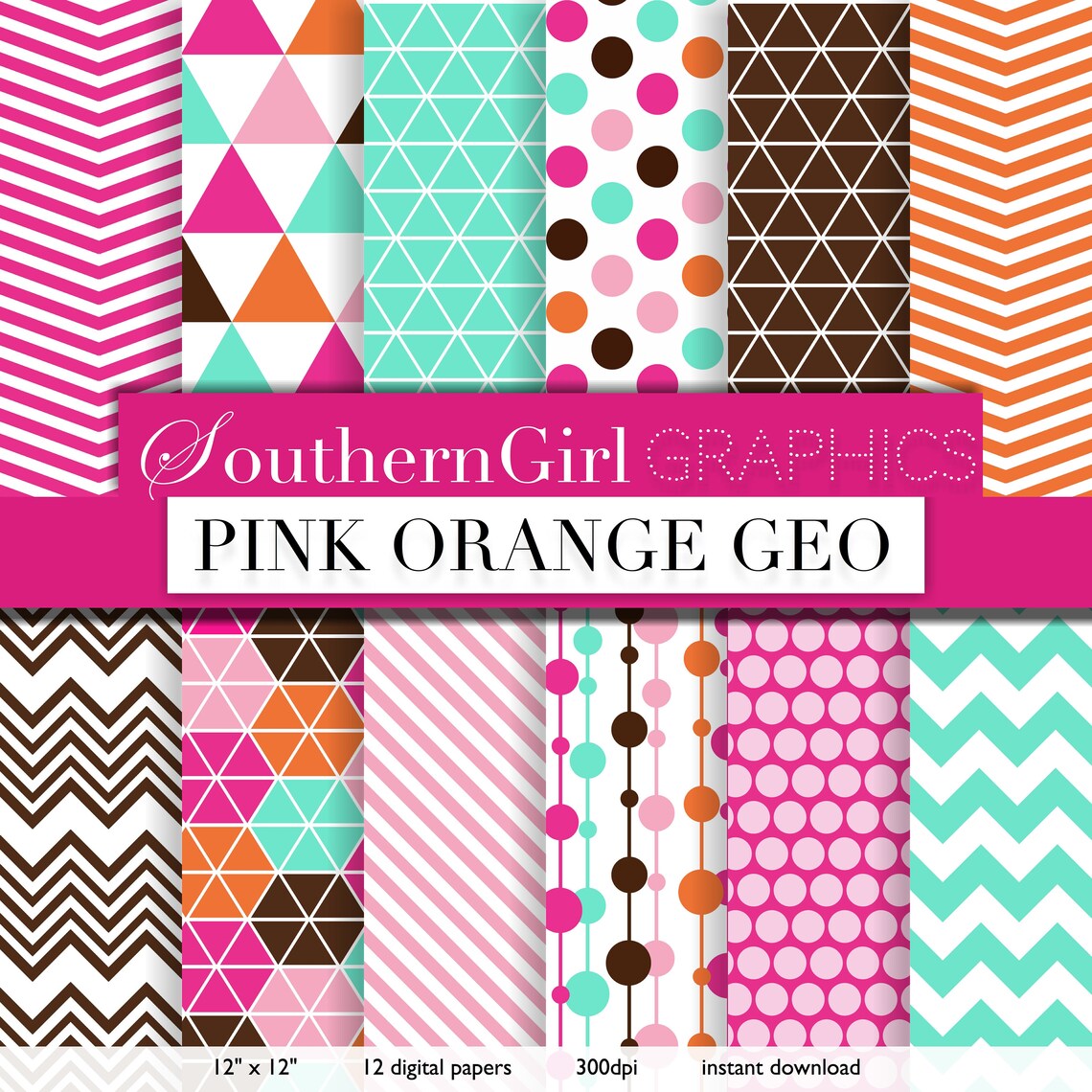 Pink Orange Geometric Digital Paper pink ORANGE Geo With Fall Colors ...