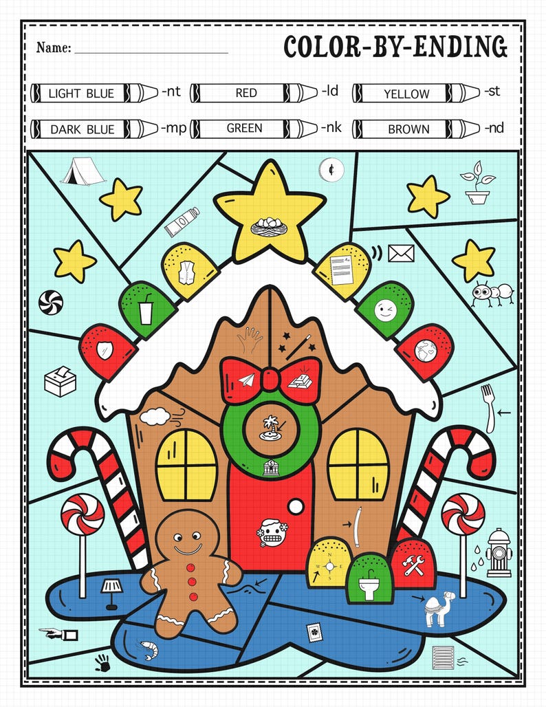 Gingerbread House Color by Ending Phonics Worksheet | Gingerbread Class ...