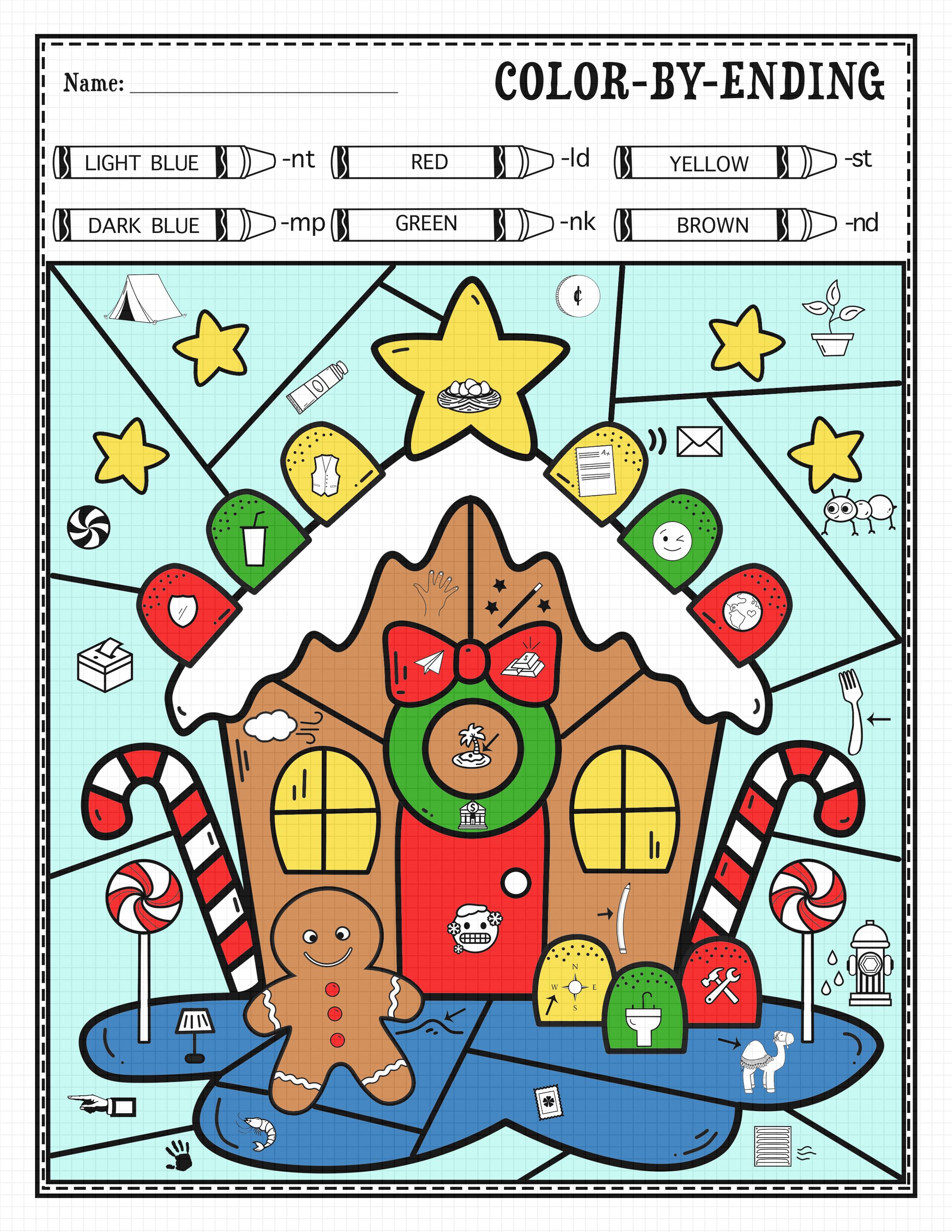 Gingerbread House Color by Ending Phonics Worksheet | Gingerbread Class ...