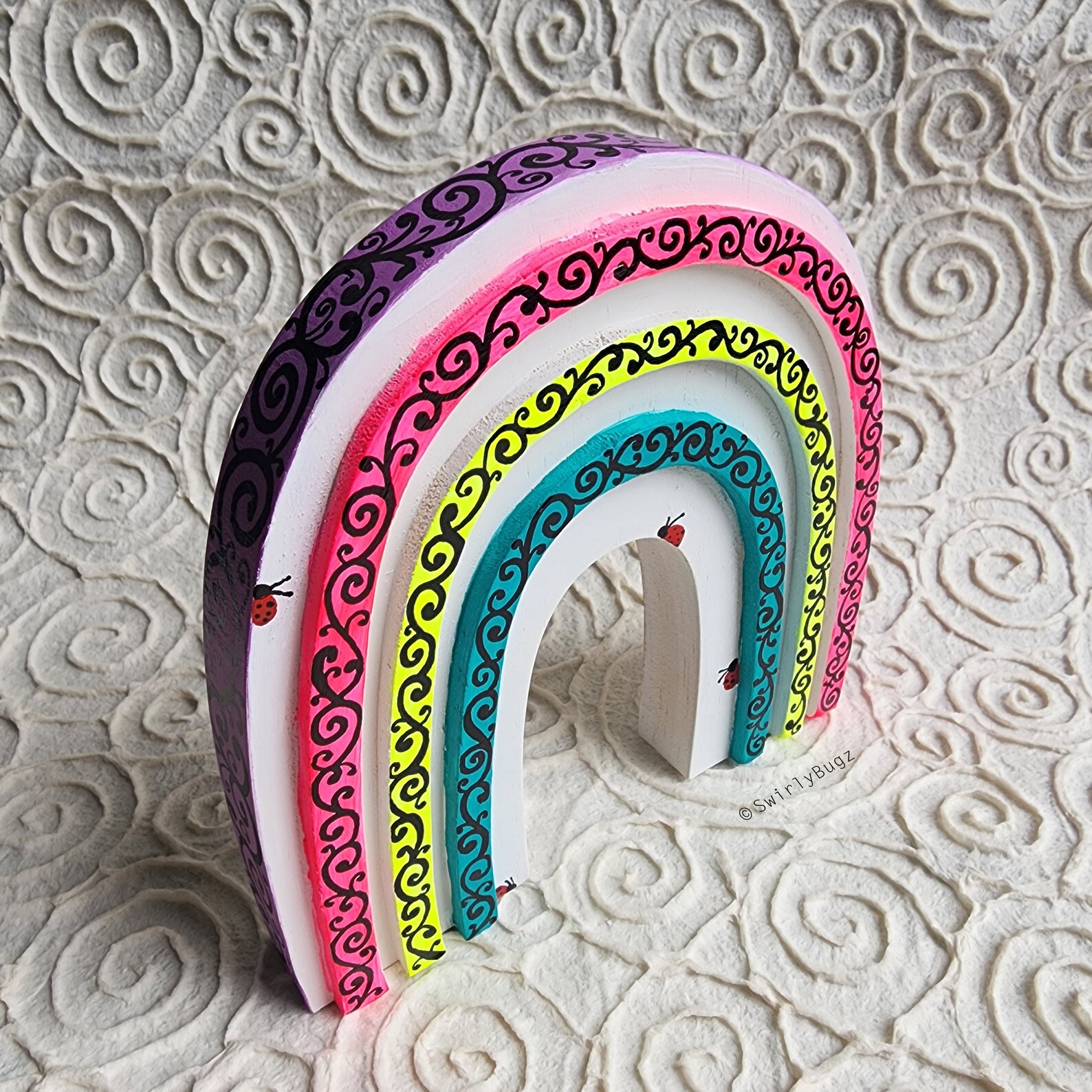 Wood Rainbow Decor, Bright Colors, Swirls, Ladybugs, Hand Painted ...