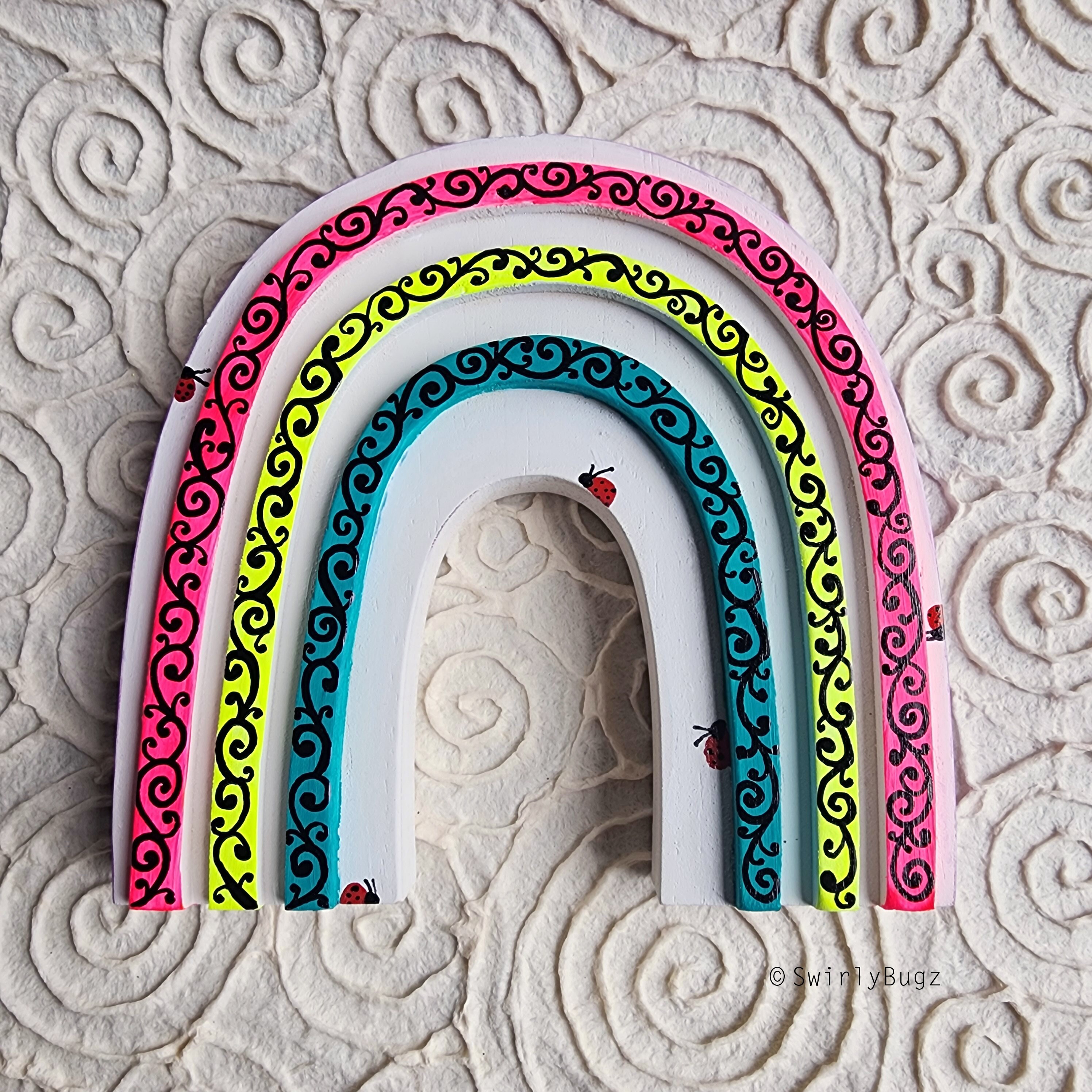 Wood Rainbow Decor, Bright Colors, Swirls, Ladybugs, Hand Painted ...
