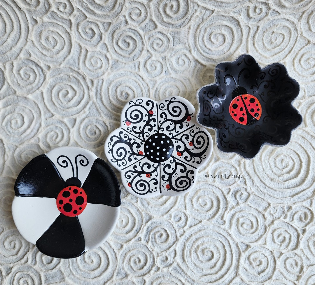 4" Ceramic Flower Trinket Dish, Black & White, Hand Painted, Ladybugs ...
