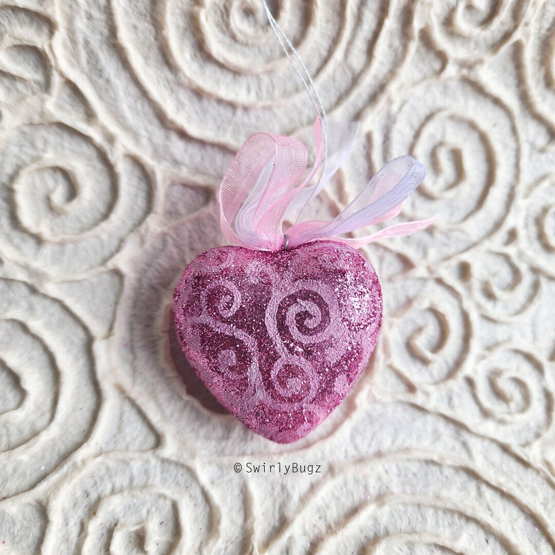 2" MINI Pink Bling Swirly Hearts, Ornament, Hand Painted, White Swirls ...