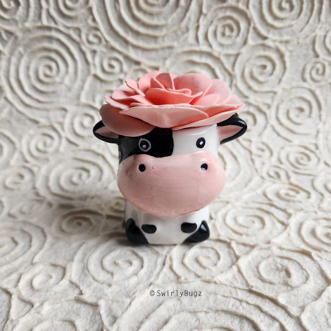 4" Swirly Cow Faux Plant, Ceramic, Black & White, Ladybugs, Swirls ...