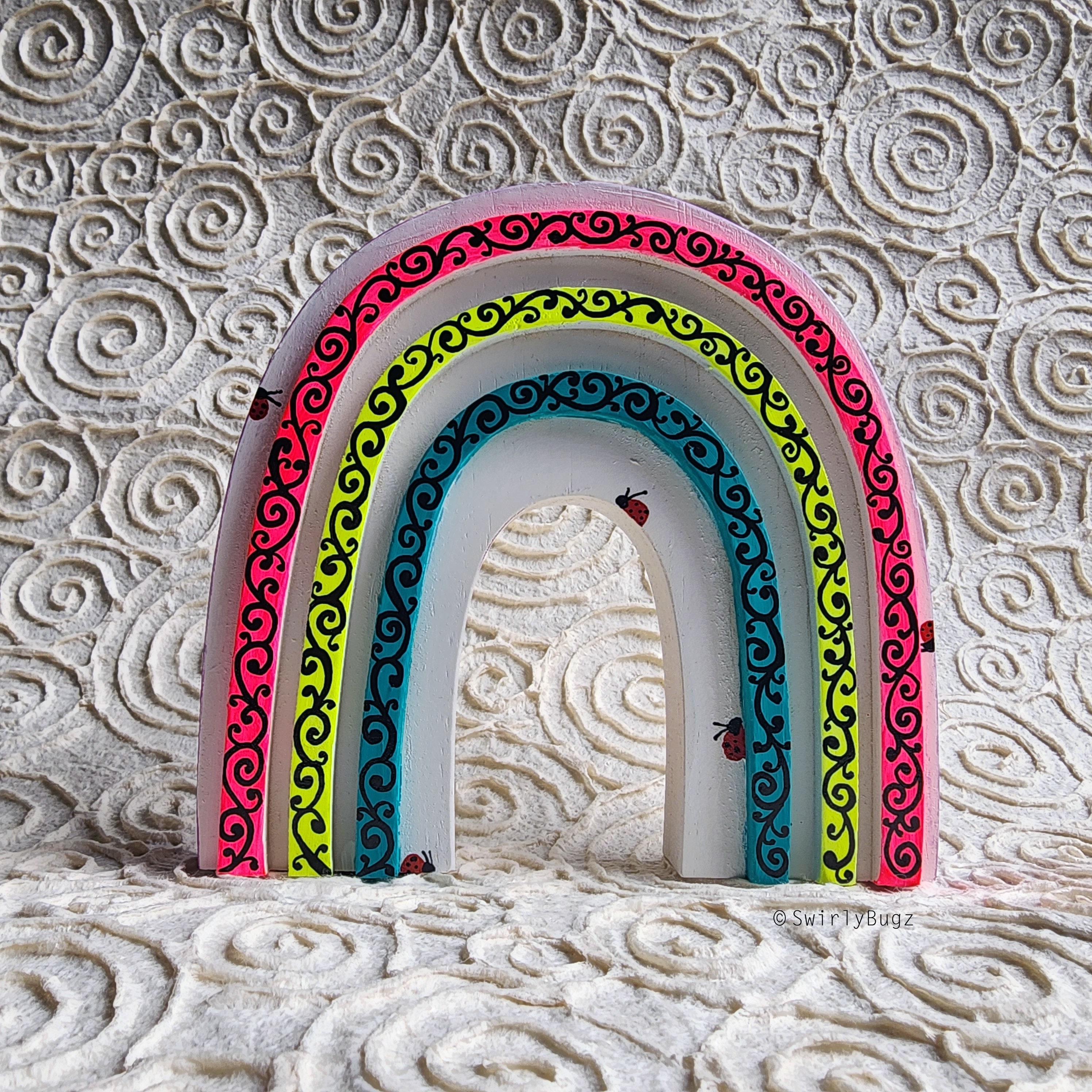 Wood Rainbow Decor, Bright Colors, Swirls, Ladybugs, Hand Painted ...