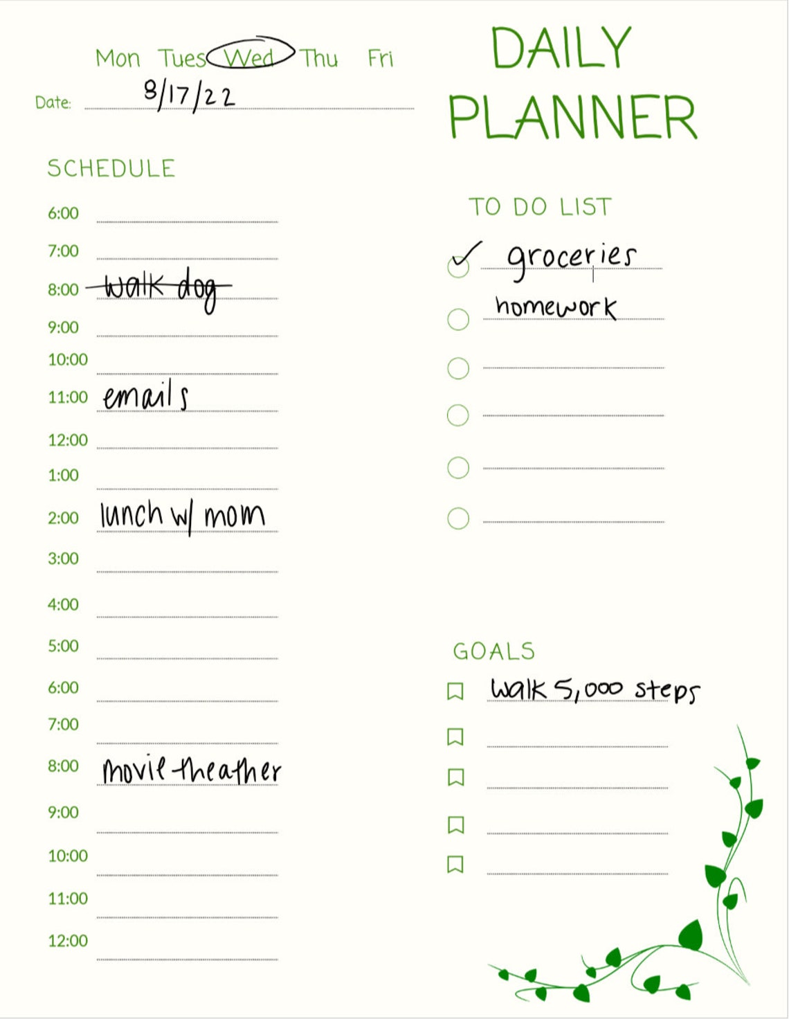 Green Leaves Digital Daily Planner I Downloadable Daily Planner I Daily ...