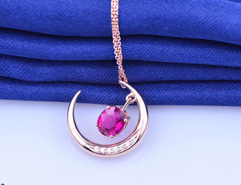 Crescent New Moon Red Tourmaline and Diamond Pendant Necklace in 18k ...