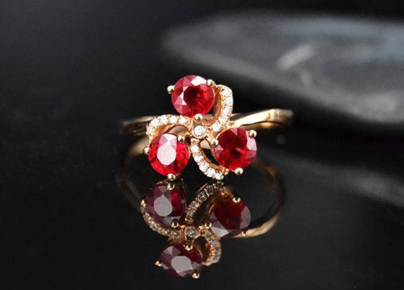 Clover Ring Red Ruby Diamond Engagement Ring in 18k Rose Gold - Ruby ...