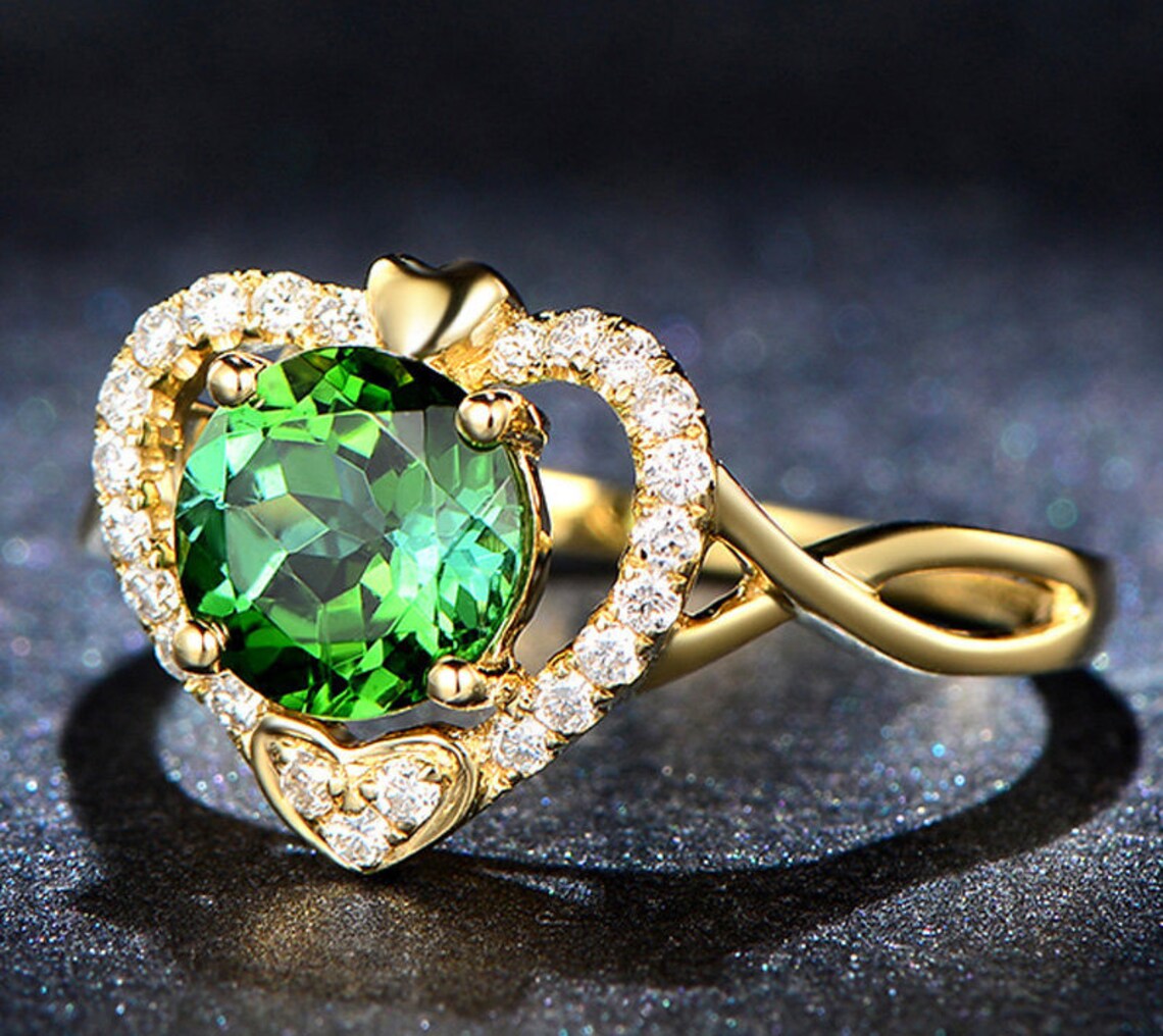 Heart Green Tourmaline Diamond Ring in 18k Yellow Gold Engagement ...